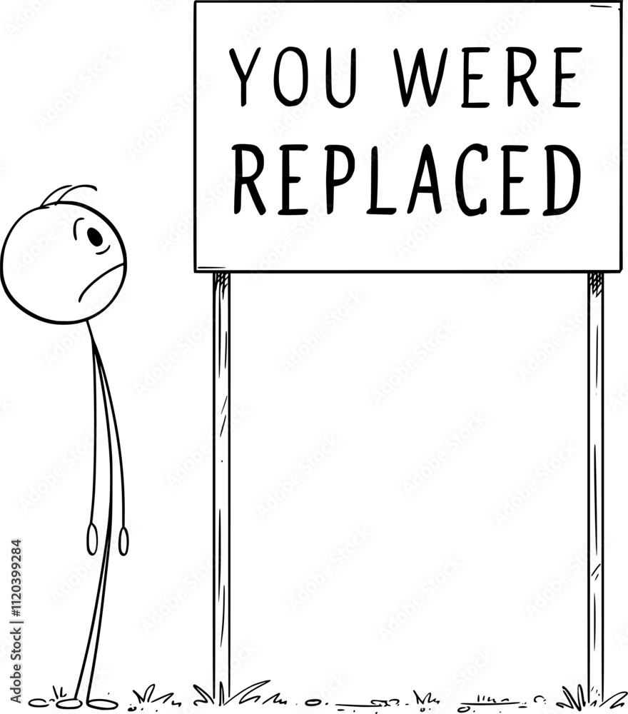 Worker replaced in his job, looking at sign , vector cartoon stick ...