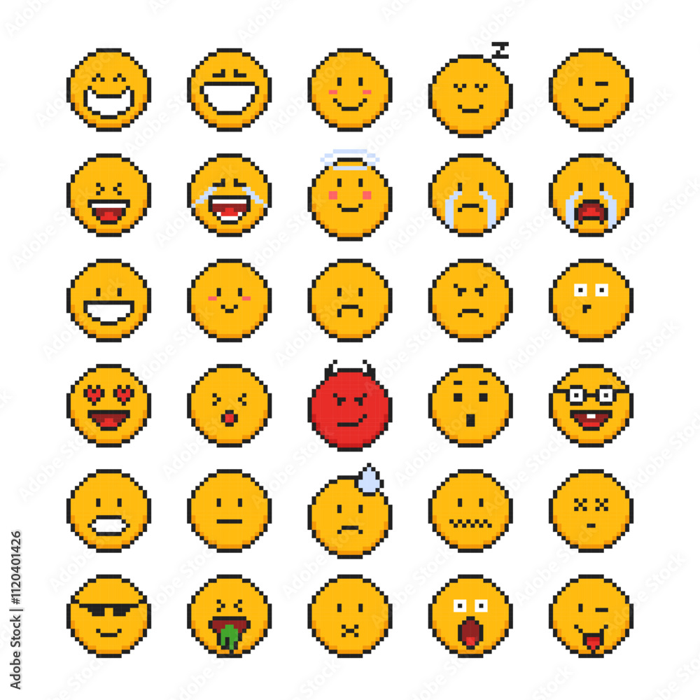 Pixel smiles and face emotions icons. Pixel emoji expressing different ...