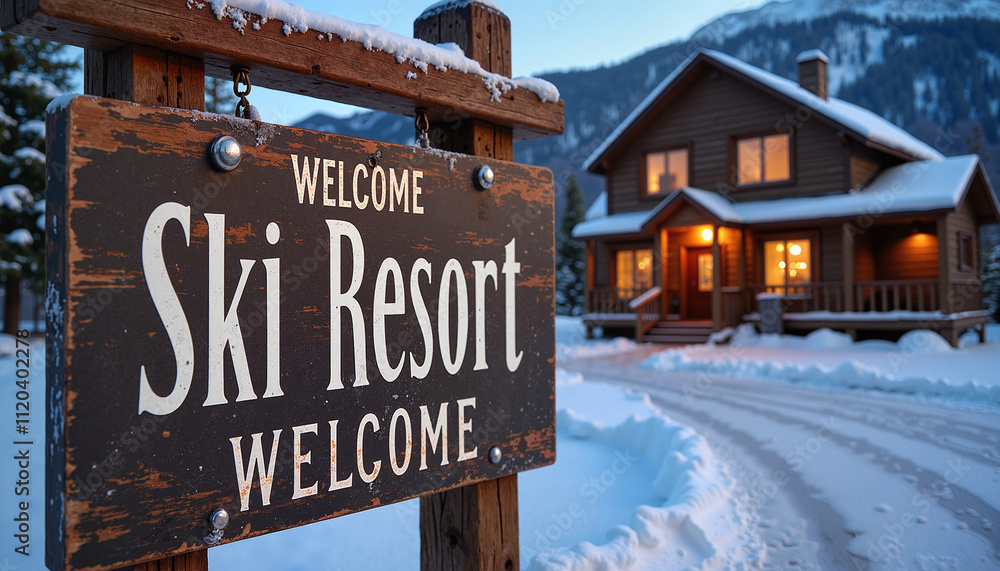 Welcome sign for ski resort in snowy setting, inviting mood, cozy ...