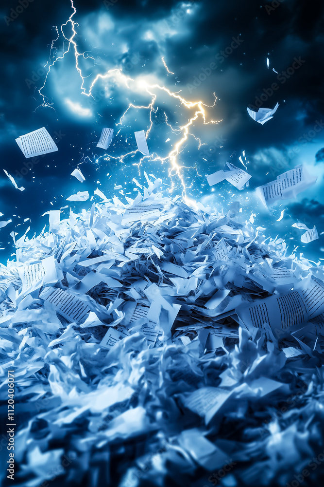 Shredded paper documents are scattered in a dynamic display ...