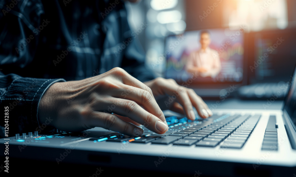 person typing on laptop keyboard, focused on cyber security tasks, with ...