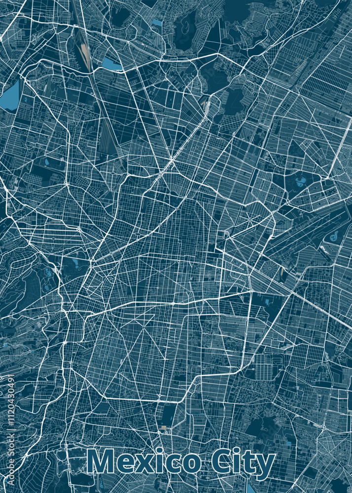 A detailed map of Mexico City, rendered in a minimalist style. The map ...
