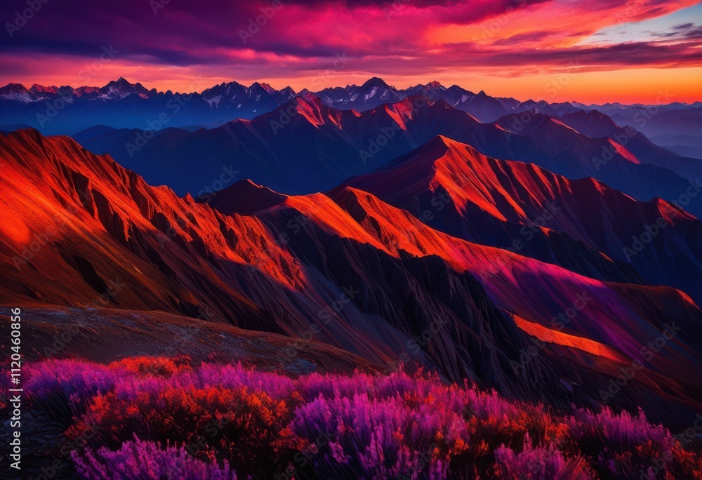stunning view dynamic mountain ridge silhouetted vibrant sunset sky ...