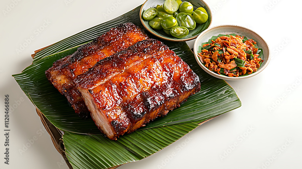 Crispy pork belly served on banana leaves with green chili and side ...