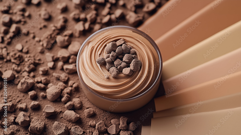 Bowl with chocolate paste and cocoa powder on color background, closeup ...