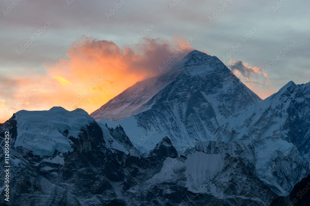 Nepal, Himalayas, Fiery sunrise cloud over the Everest summit, view ...