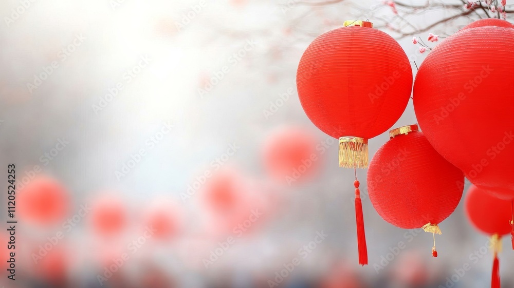 A view of Tiananmen Square decorated with large red lanterns, national flags, and festive lights ...