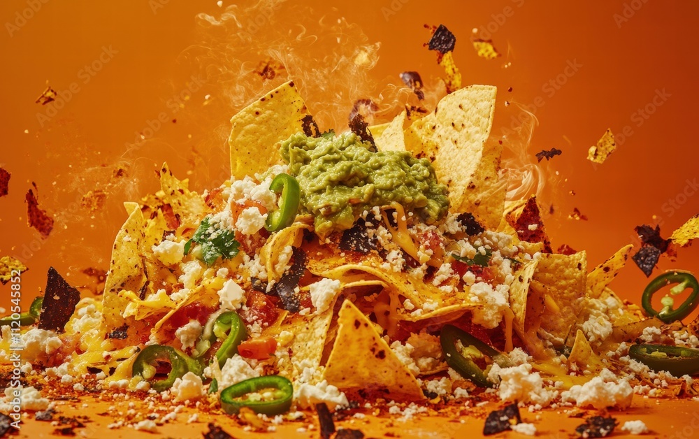 Loaded nachos with cheese, jalapeÃ?os, and guacamole on a fiery orange ...