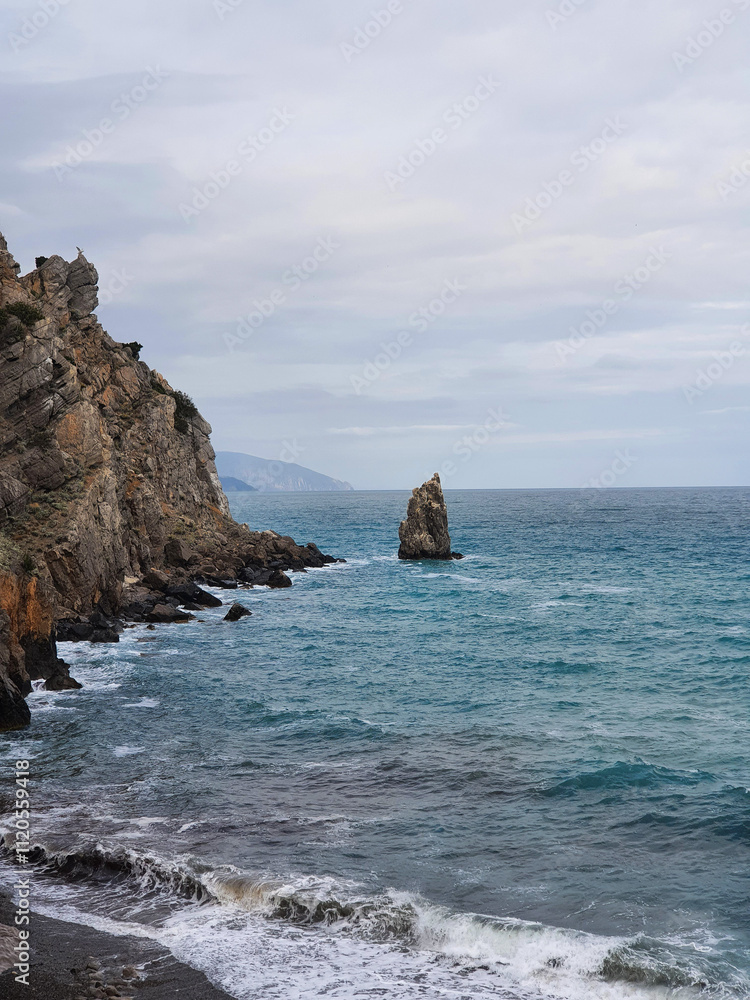 Sea and stones majestic raging sea with splashes and gusts of wind in ...