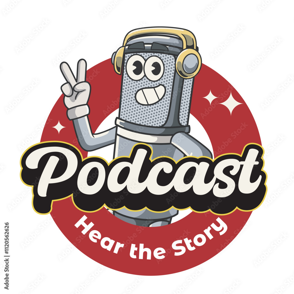 Vector Illustration of Microphone Mascot Wearing Headphone with Retro ...