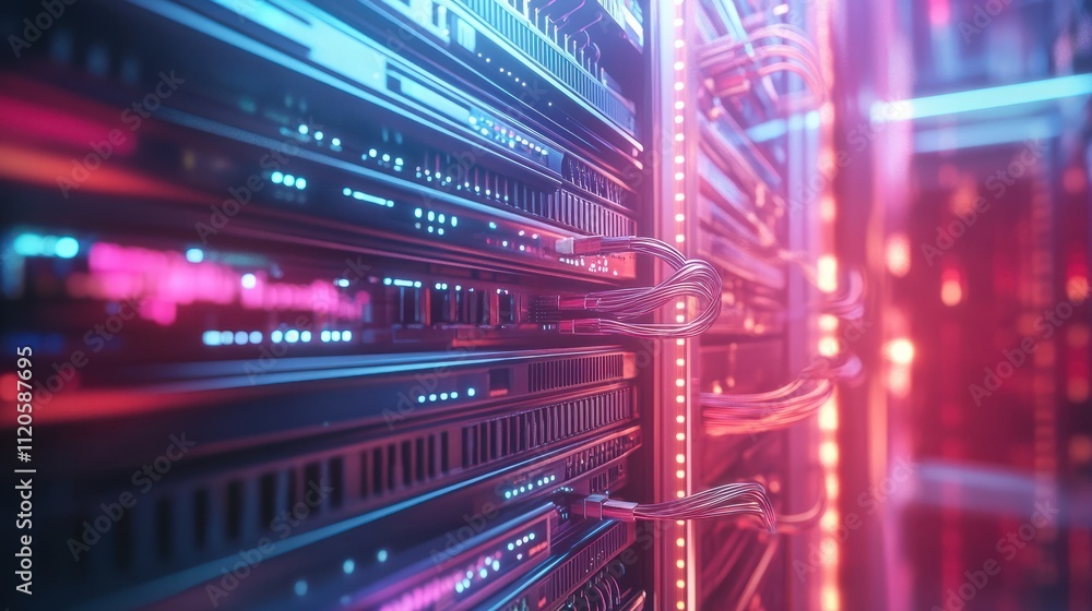 Server racks, electric cables and wires representing fiber optic ...