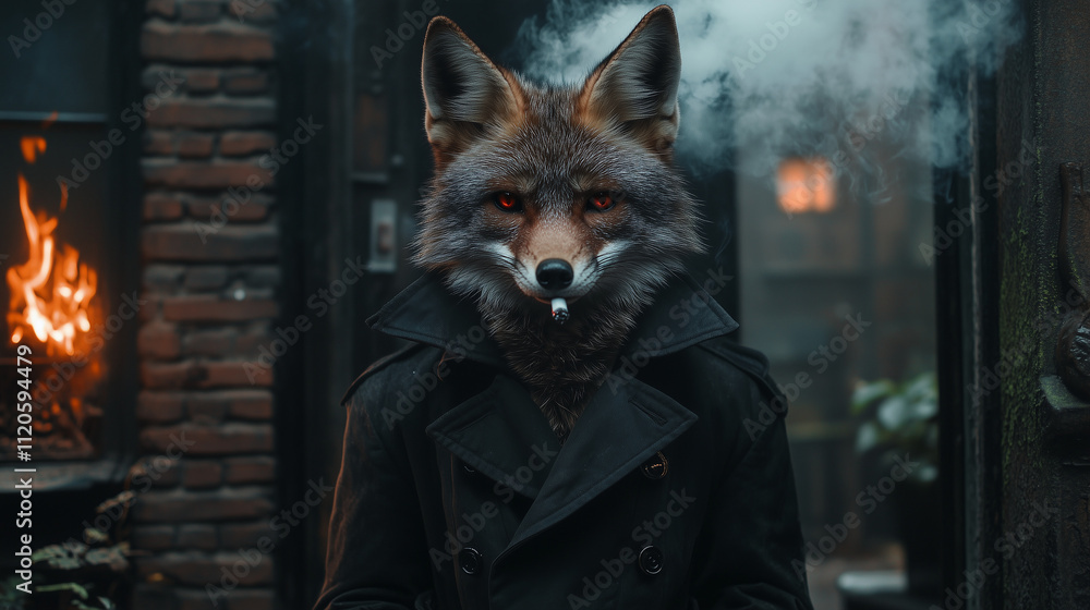 Anthropomorphic fox hybrid with glowing red eyes wearing a long black ...