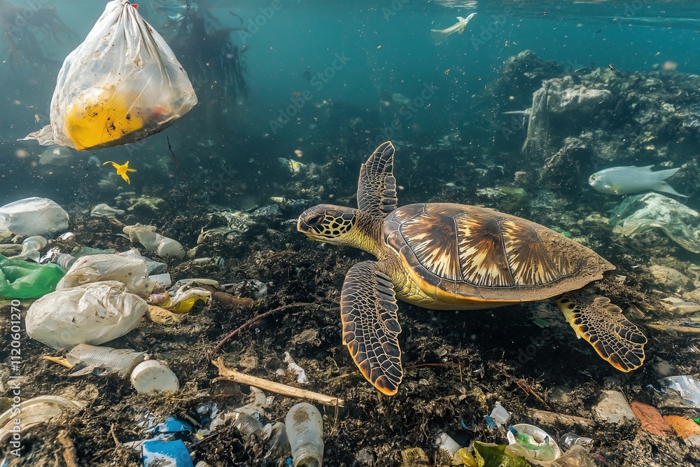 Turtle swimming among plastic waste. Concept of ocean pollution and ...