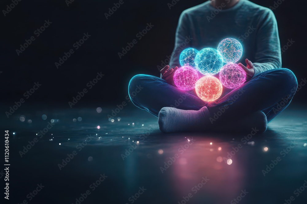 Mindful breathing exercise visualized as glowing orbs of light around a ...