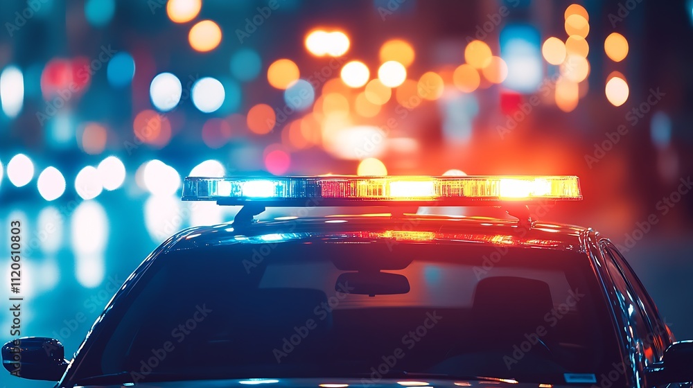 Police Car with Flashing Lights on a City Street at Night with Bokeh ...