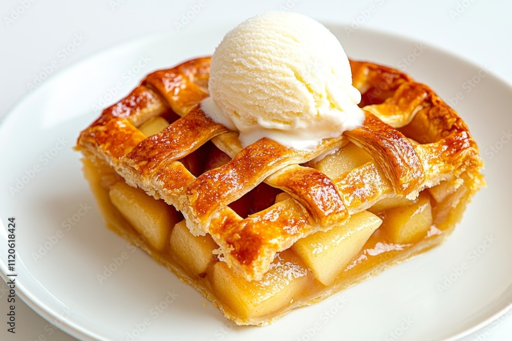 A close-up of a freshly baked apple pie with a lattice crust, served ...