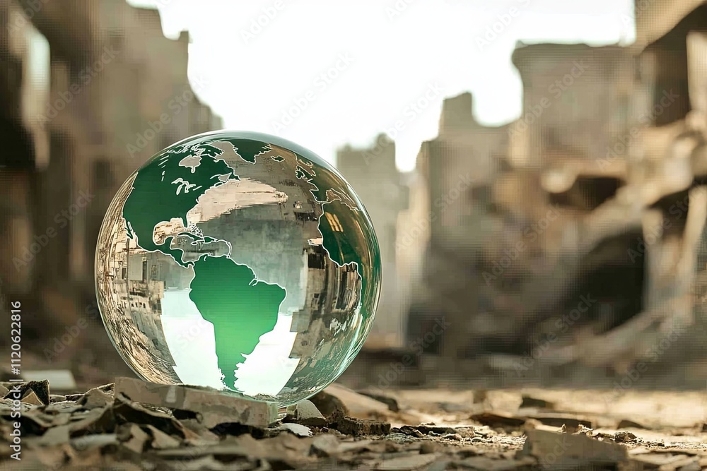 Peace Day, a glass globe with a world map in the foreground, the ...