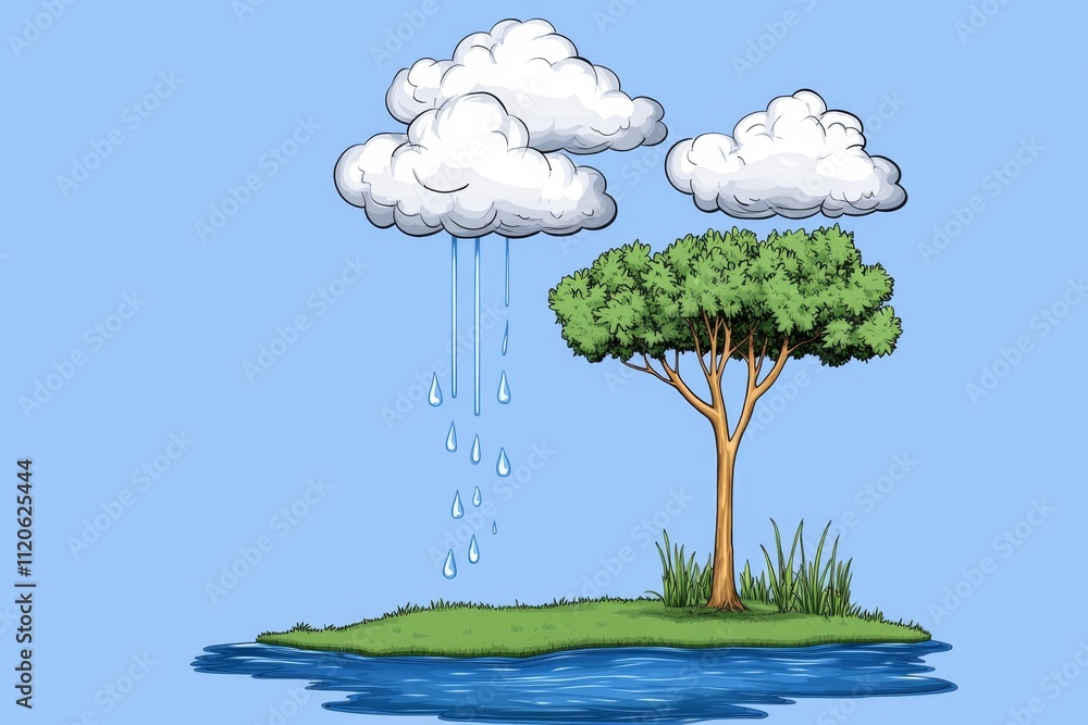 A pixel art depiction of the water cycle, with animated clouds ...