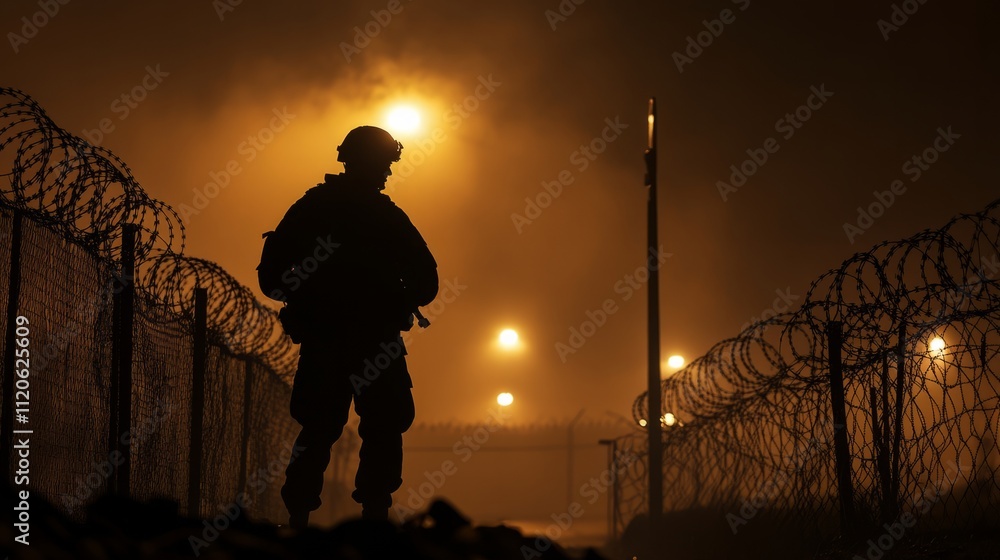 soldier guarding the perimeter of a base at night, barbed wire ...