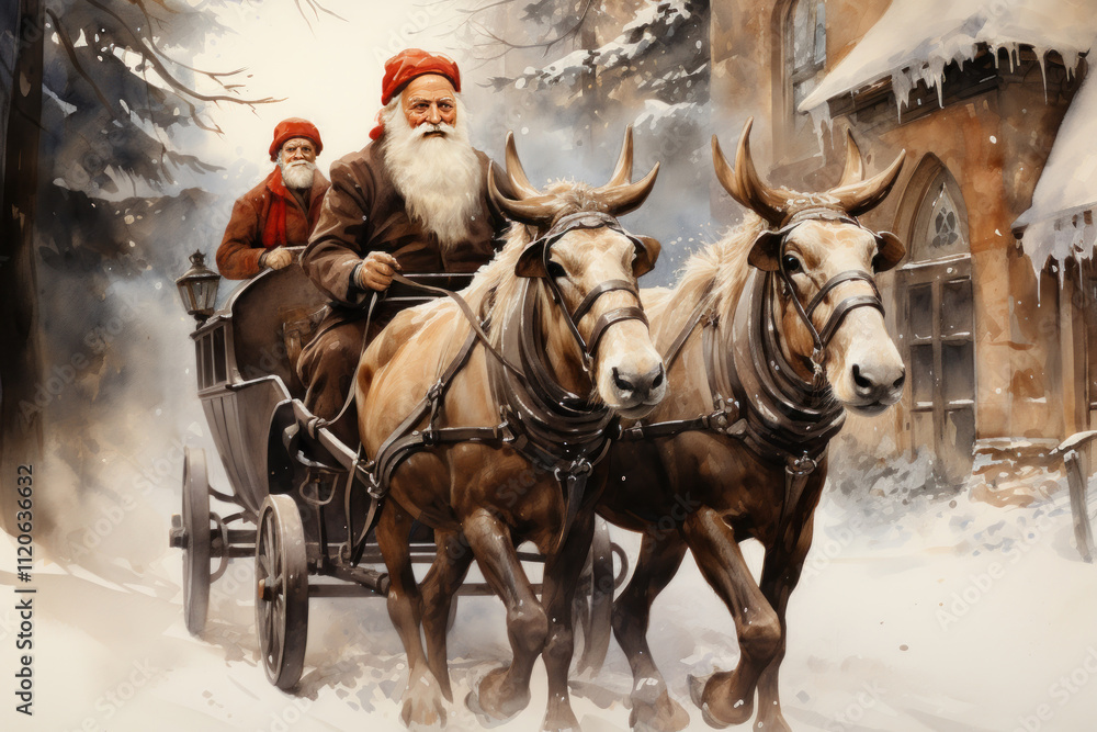 winter scene with two santa claus riding in a carriage drawn by two ...