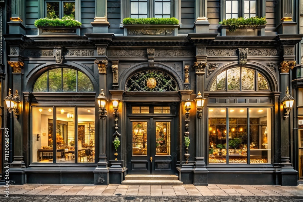 Elegant Black Storefront, Luxury Boutique, Architectural Design, Large ...