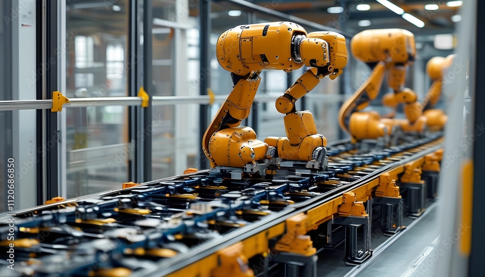 Automated robotic assembly line operations modern manufacturing facility industrial machinery ...