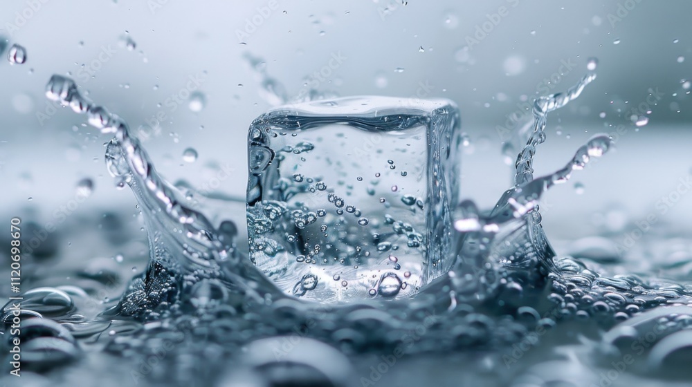 Frozen Splash: An ice cube drops into a glass of soda, sending a cold, fizzy splash as bubbles ...