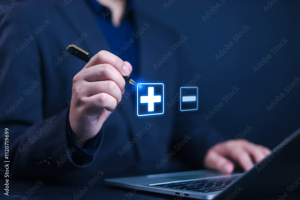 Plus and minus concept, A businessman use plus minus icons displayed ...