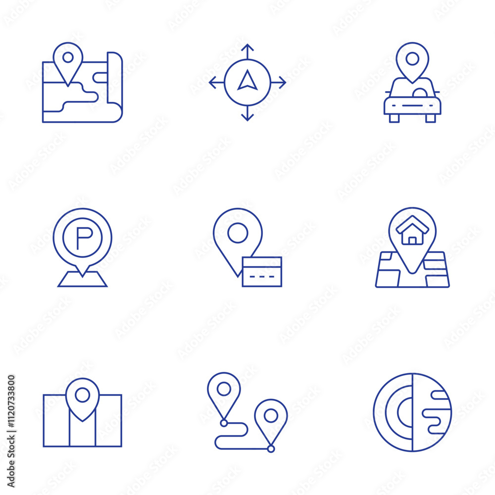 Map icons set. Thin Line style, editable stroke. car sharing ...