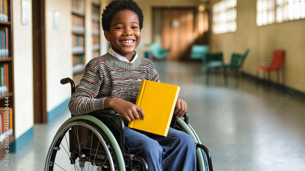 Happy young disabled school student in wheelchair reading a library ...