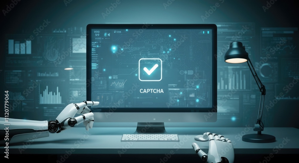 Robot hands using computer with CAPTCHA on screen, indicating ...