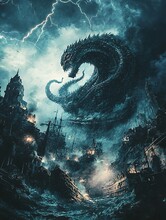 Sea Monster Attacking Port Town Free Stock Photo - Public Domain Pictures
