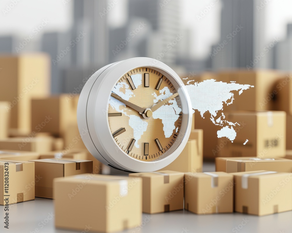 drop shipping store clock Concept. Clock with world map overlay amid ...