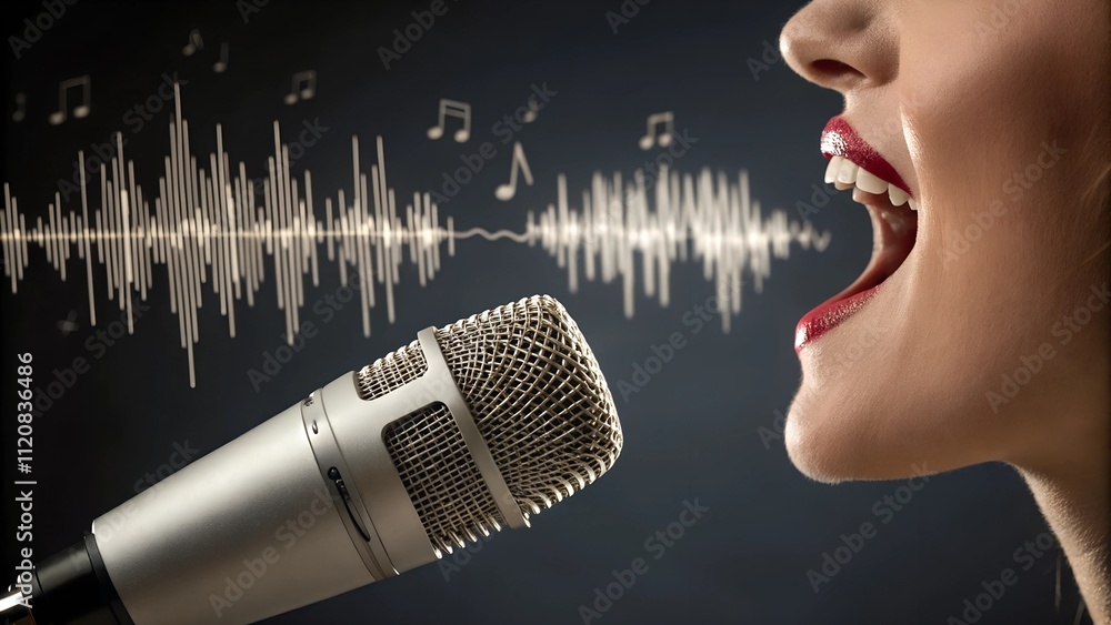 Singer Performing into Microphone with Soundwave and Musical Notes ...