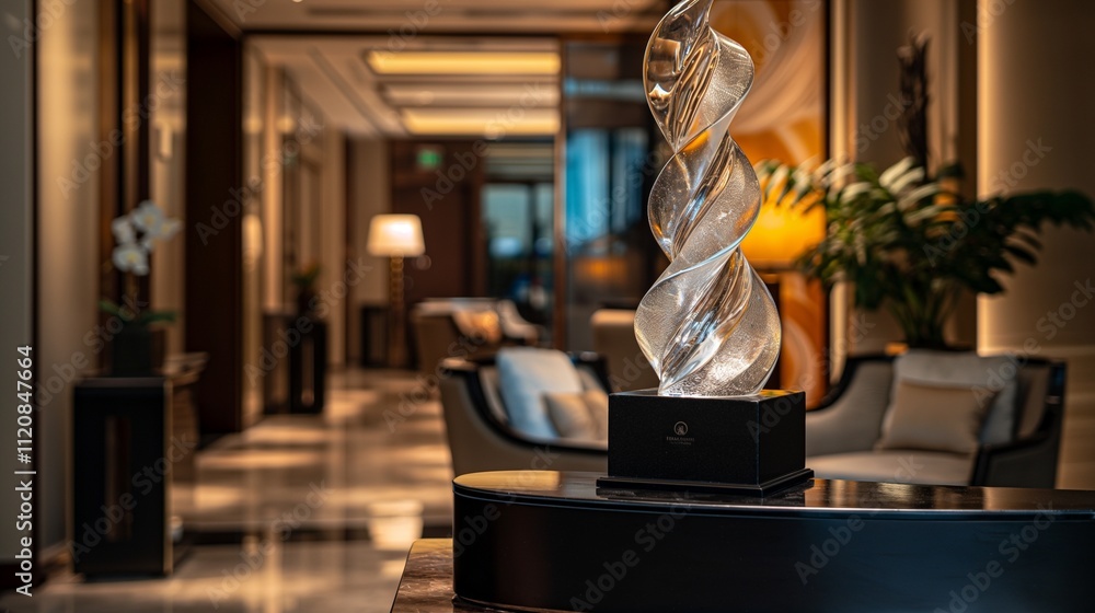 A crystal award with a unique, twisted design, displayed on a black ...
