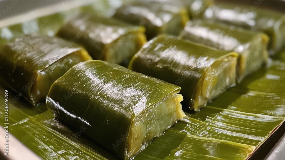 Traditional Kuih wrapped in banana leaves showcasing vibrant green ...