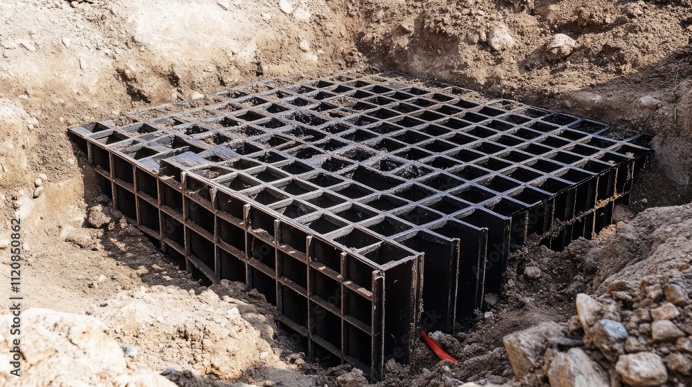 Steel grids for concrete drainage installation in excavation site for ...