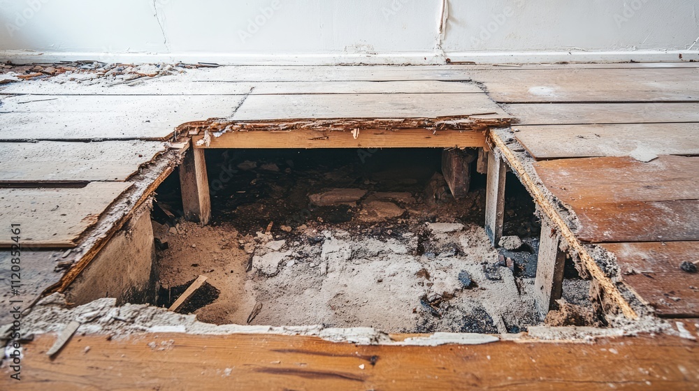 Home renovation project showing damaged floorboards and rotting joists ...