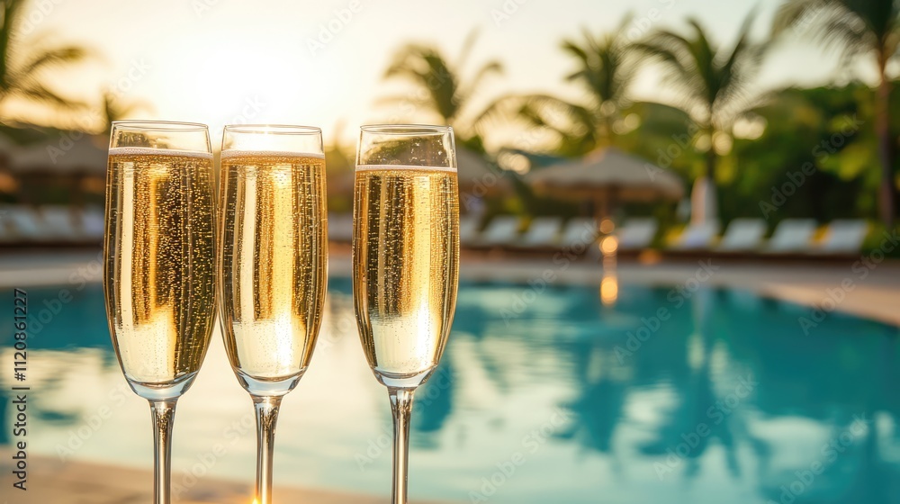 Champagne glasses at luxury hotel pool during sunset creating an ...