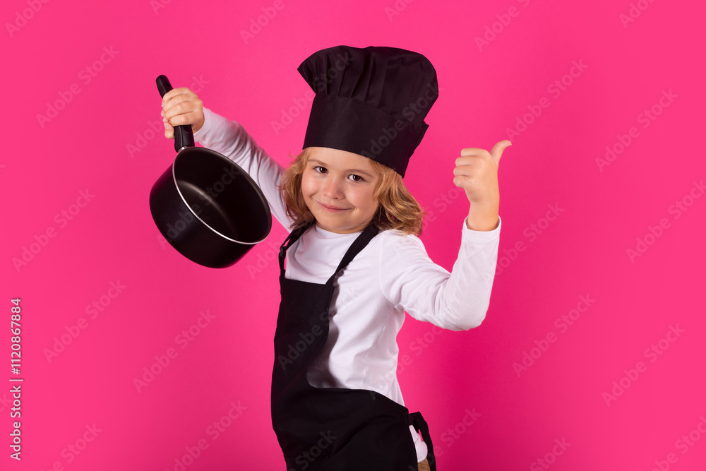 Child chef cook with cooking pot. Child cooking, little chef prepares ...