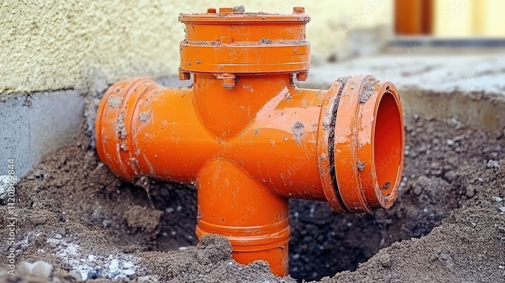 Orange PVC sewer pipes installed in the ground during home renovation ...