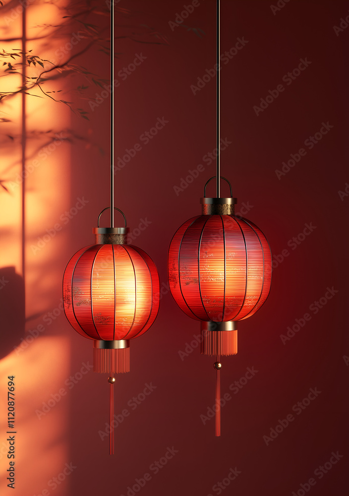 Chinese New Year, two lanterns hanging on the wall, simple background ...