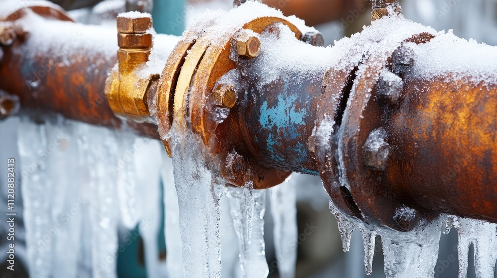 Frozen industrial valve and pipeline showing ice buildup due to ...