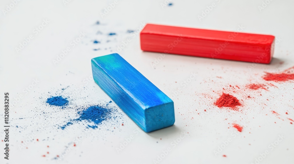 Red and blue bar magnets with iron powder demonstrating magnetic fields ...