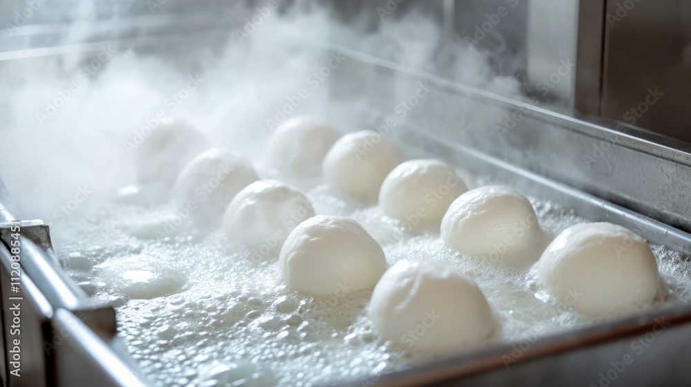 Mozzarella cheese production process with steaming water bath ...