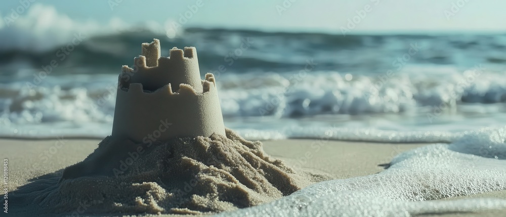 Ephemeral beauty Concept. A sandcastle stands on the beach, waves ...