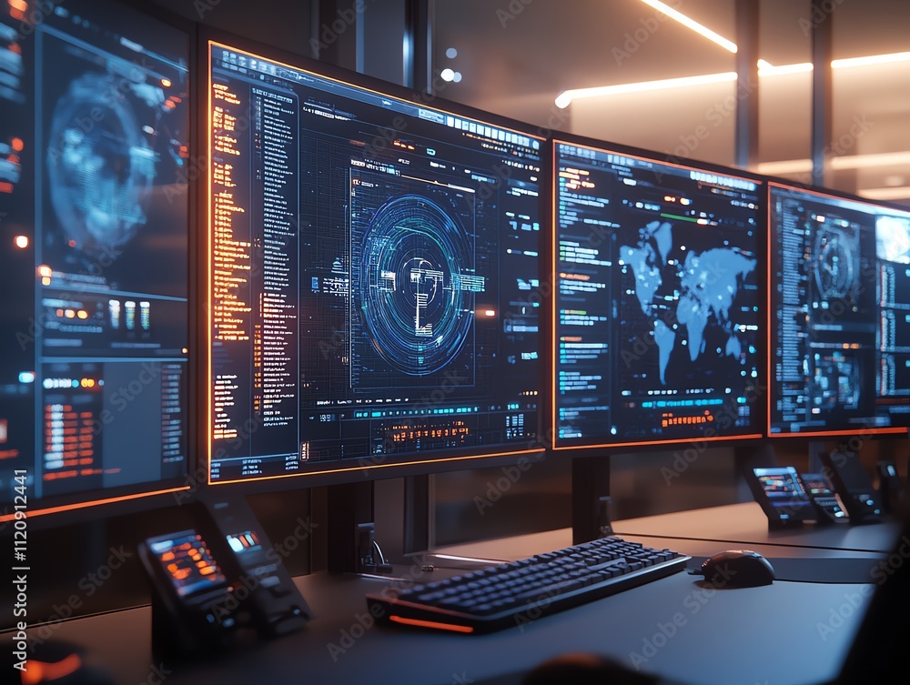 HighTech GPS Surveillance System A command center with multiple screens tracking vehicles ...