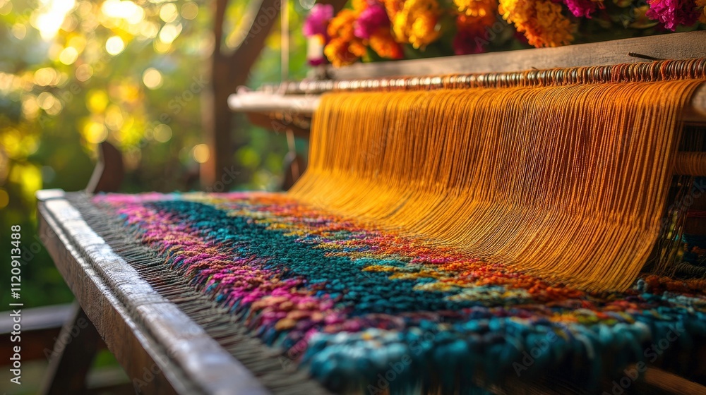Vibrant Traditional Loom Weaving with Colorful Threads and Flowers in ...