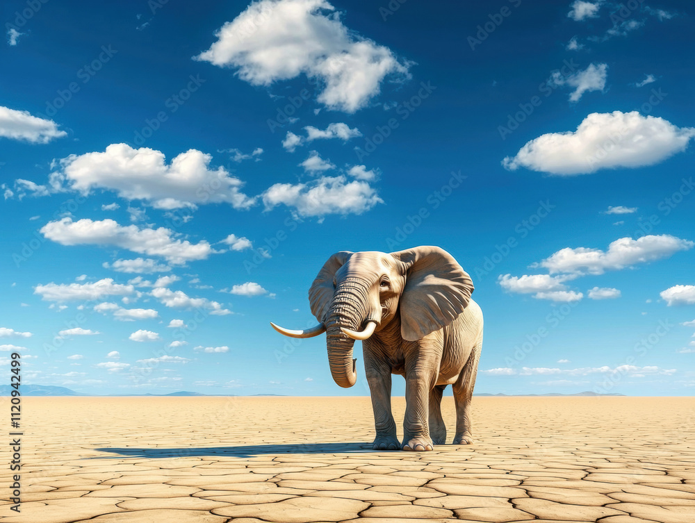 Climate change wildlife crisis concept. A solitary elephant stands on a ...