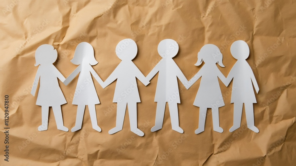 Paper Cutout Silhouette, Group of Stick Figures Holding Hands on Brown ...